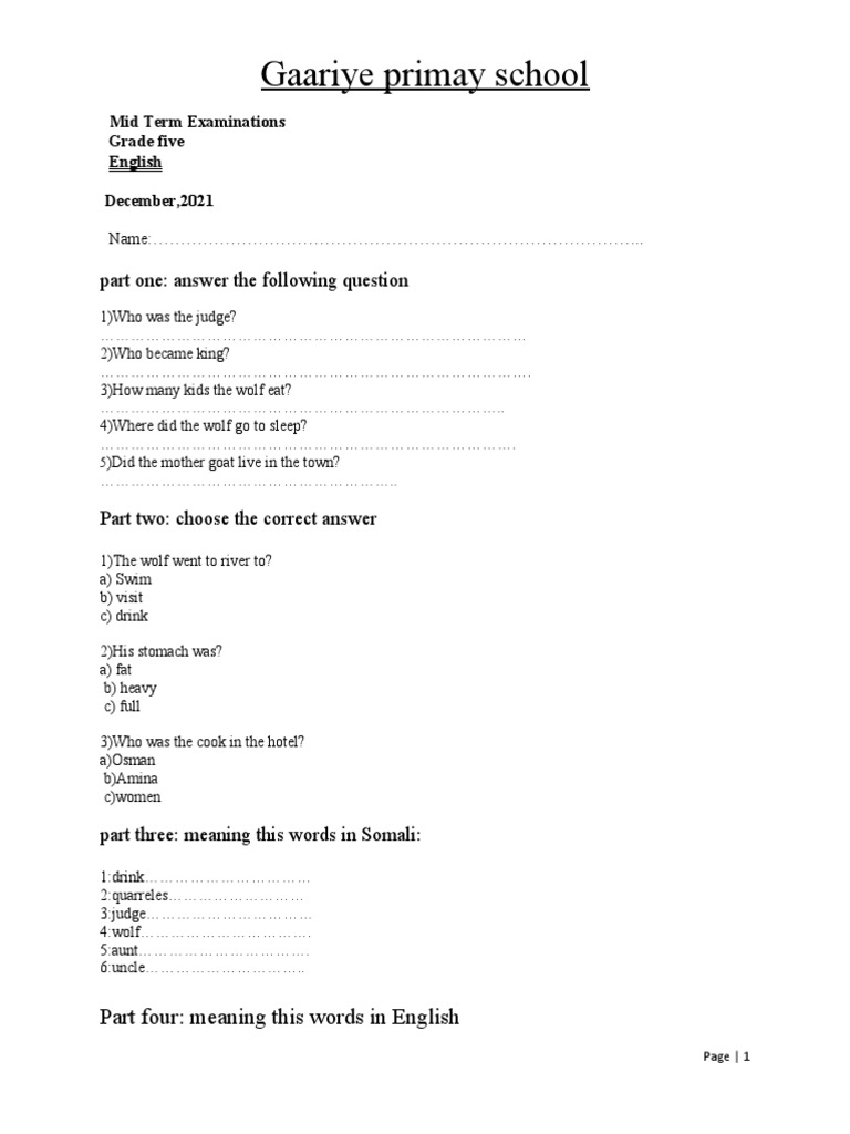 Gaariye Primay School: Part One: Answer The Following Question | PDF