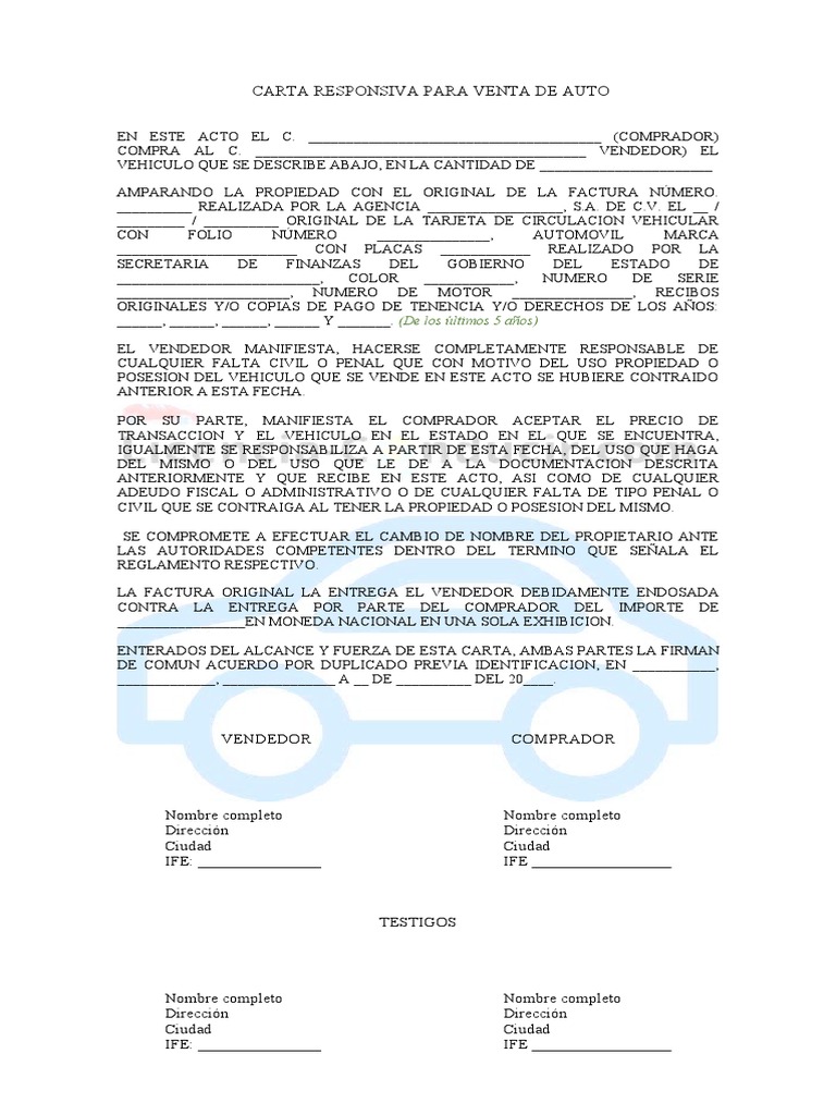 Carta Responsiva Venta de Auto Word | PDF