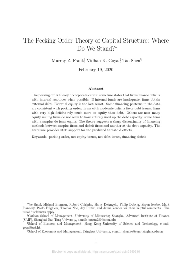The Pecking Order Theory of Capital Structure: Where Do We Stand? | PDF | Equity (Finance ...