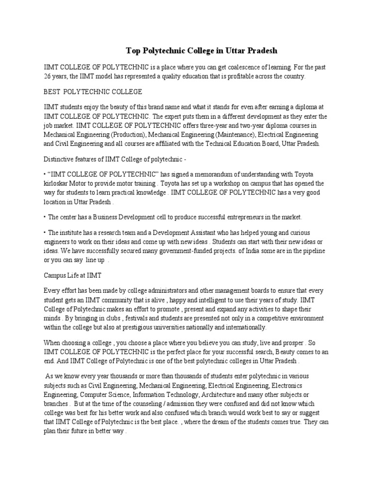 Polytechnic College in Uttar Pradesh ... | PDF | Diploma | Institute Of ...