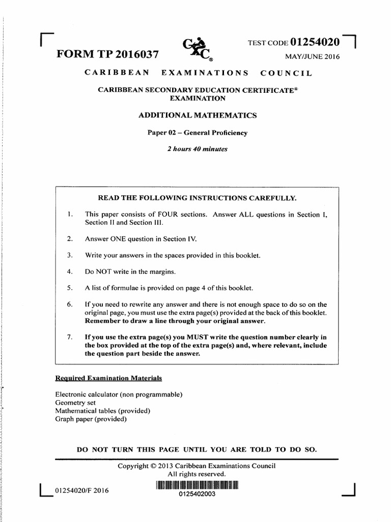 May - June 2016 P2 CSEC Add Maths | PDF | Quadratic Equation | Mathematics