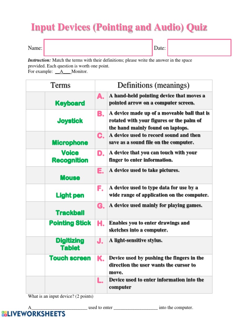 Input Devices (Pointing and Audio) Quiz: Terms Definitions (Meanings ...