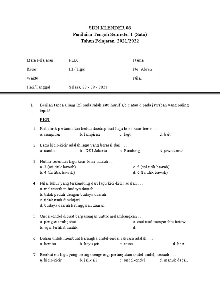 Soal PTS Kelas 3 SD: PLBJ | PDF