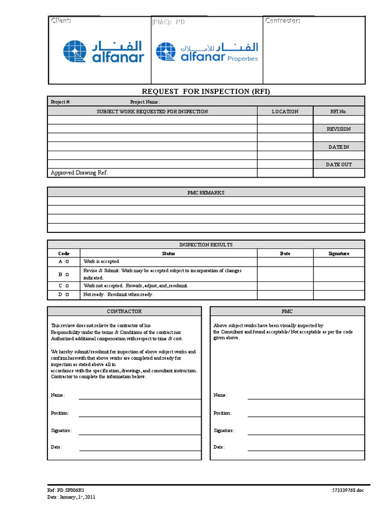 Request for Inspection (RFI) Form | PDF