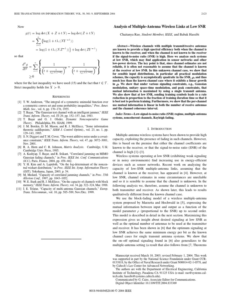Analysis of Multiple-Antenna Wireless Links at Low SNR | Download Free ...