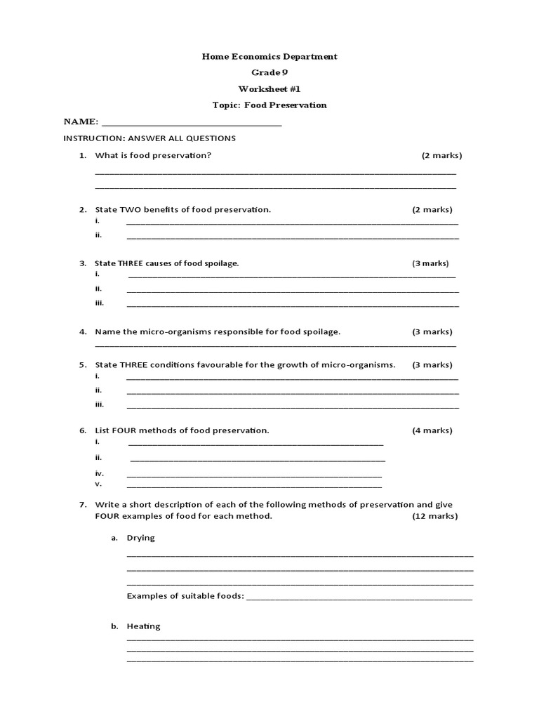 Gr. 9 - Food Preservation Worksheet#1 | PDF | Food Preservation | Foods