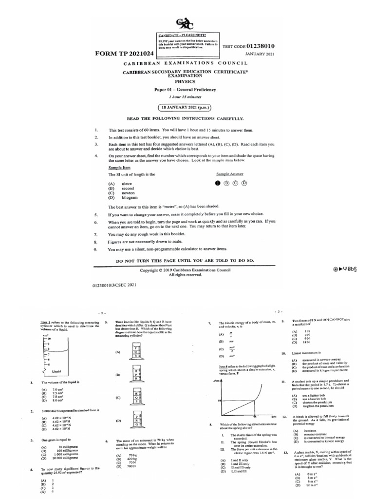 CSEC Physics January 2021 P01 | PDF | Science & Mathematics