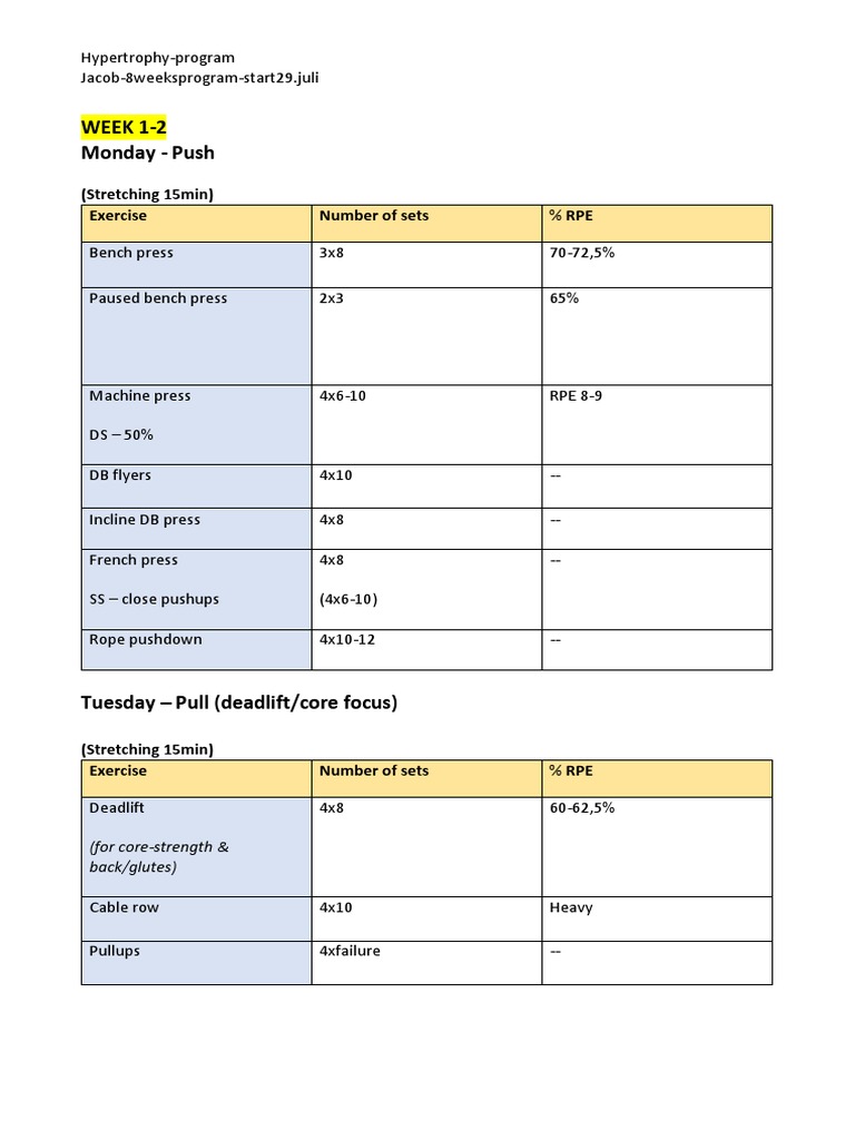 8-Week Hypertrophy Workout Plan | PDF | Hobbies | Management Of Obesity