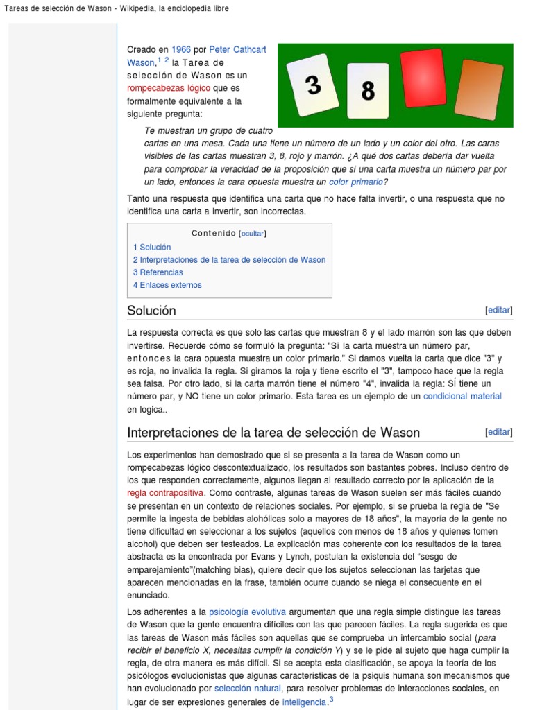 Tareas de Selección de Wason - Wikipedia, La Enciclopedia Libre | PDF ...