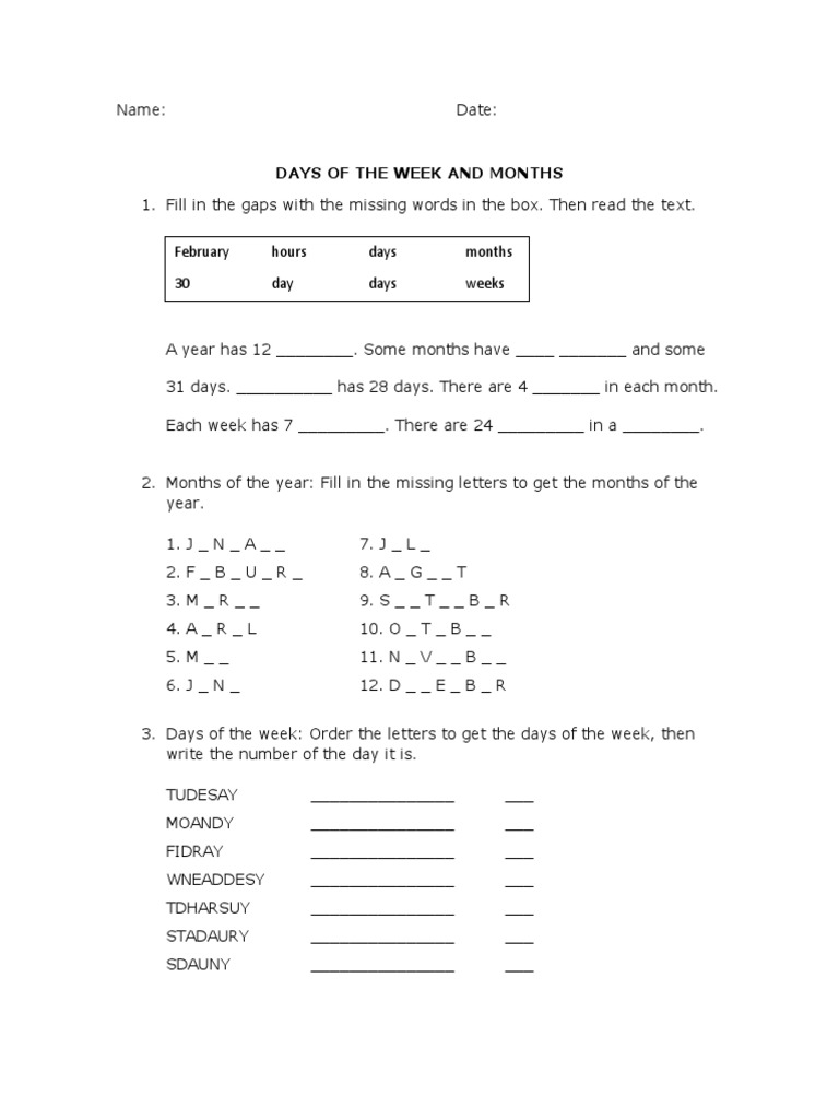 Months And Days Of The Week Worksheets Pdf Days Of The Week And