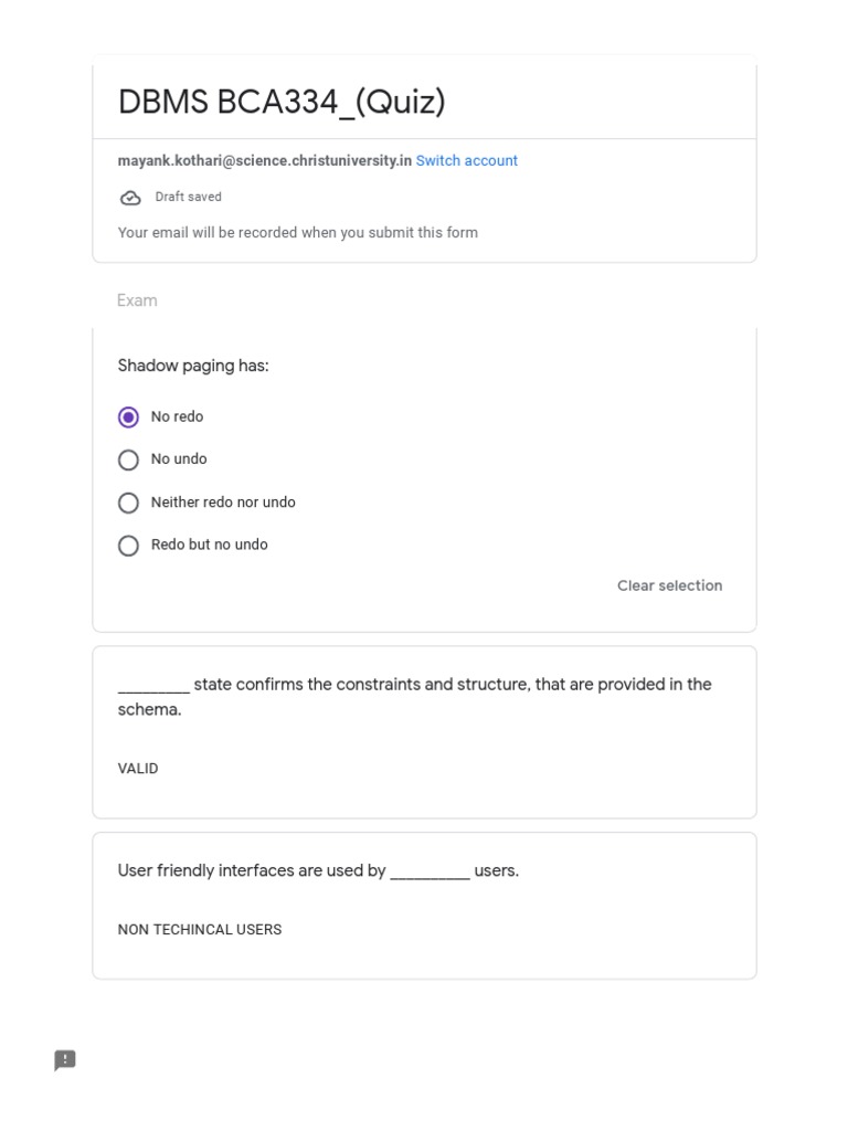 DBMS BCA334 - (Quiz) | PDF | Relational Model | Databases