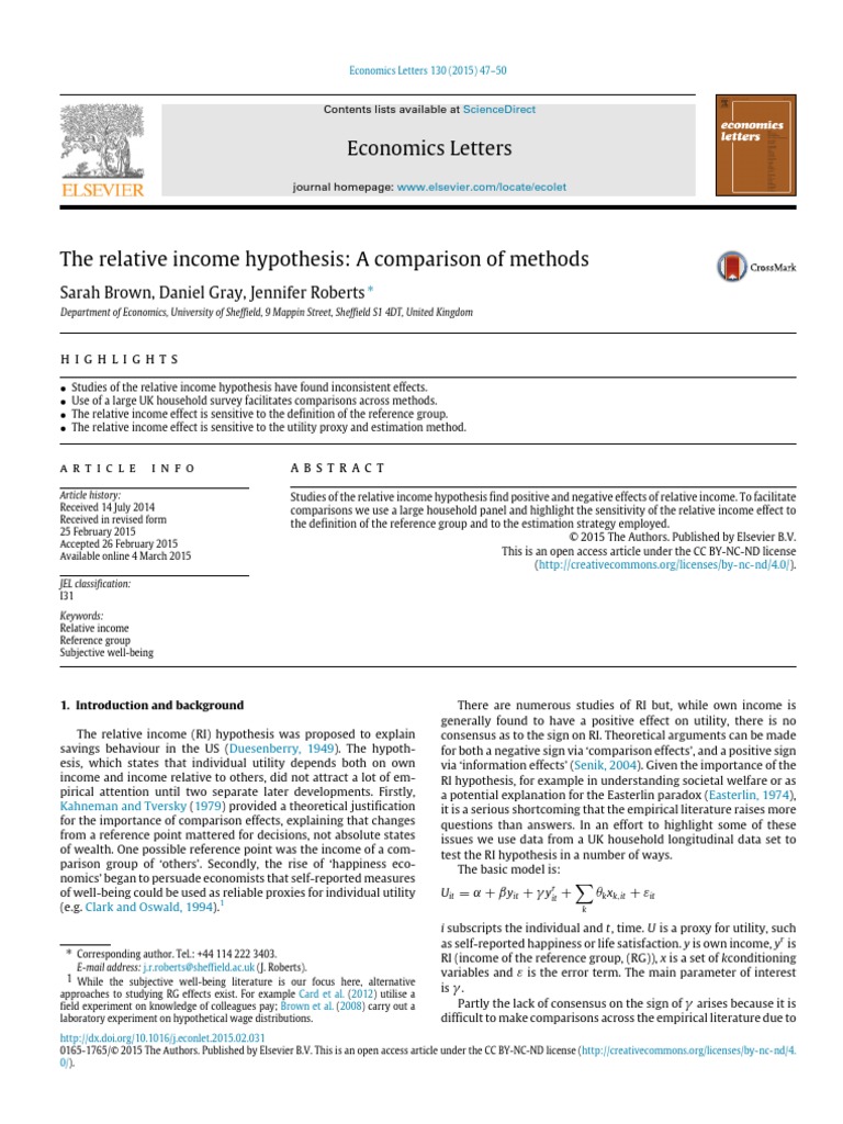 Brown - Gray - Roberts The Relative Income Hypothesis A Comparison of ...