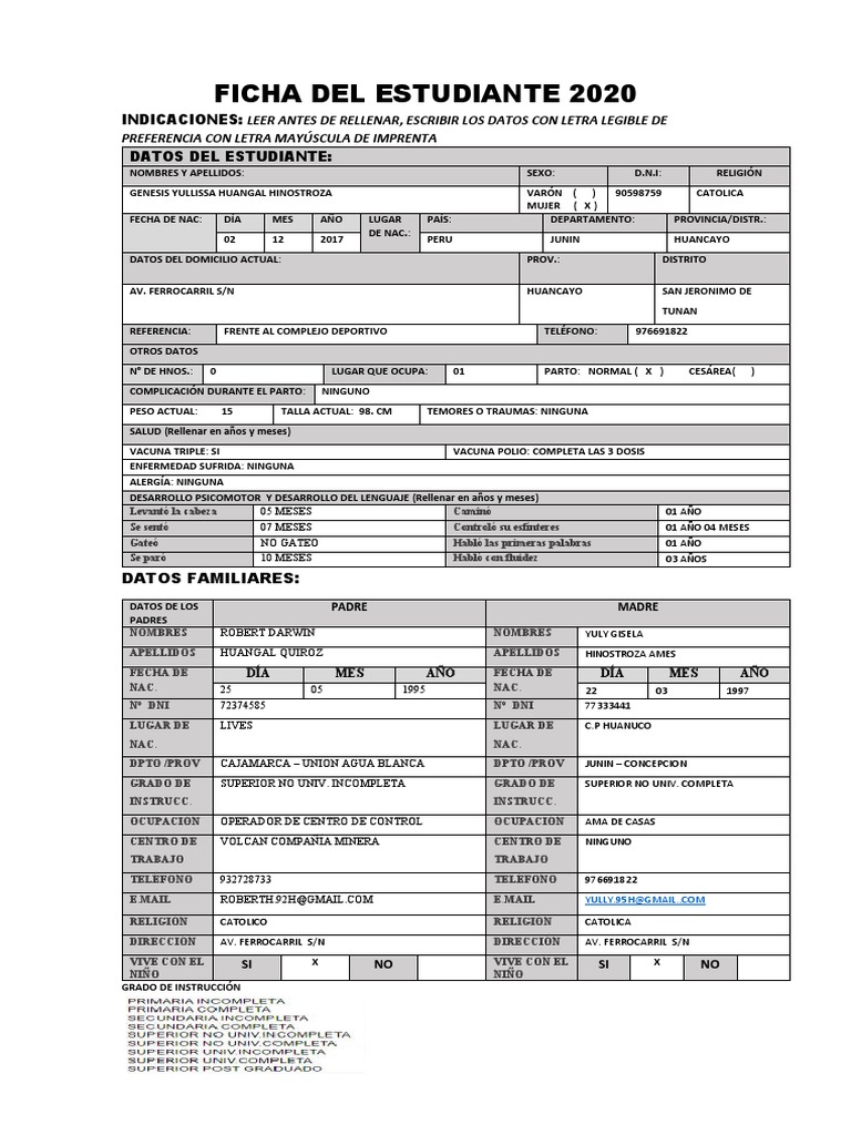Ficha Del Estudiante 2020 | PDF | Ciencias de la Salud