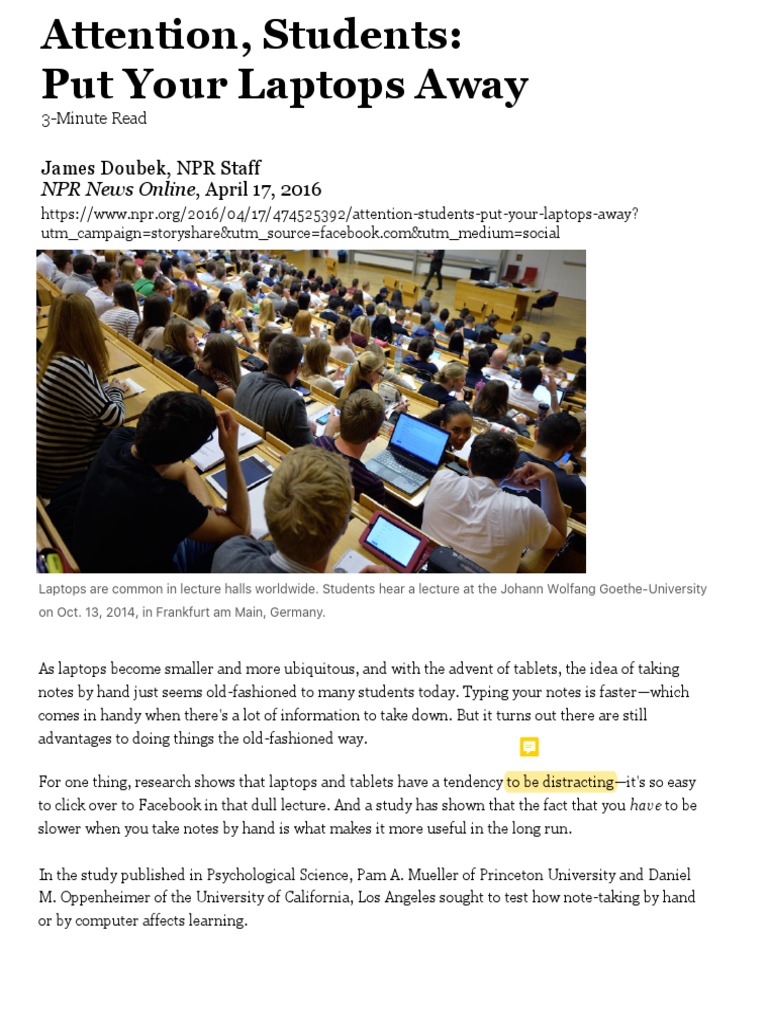 Attention Students, Put Your Laptops Away - NPR | PDF | Learning ...