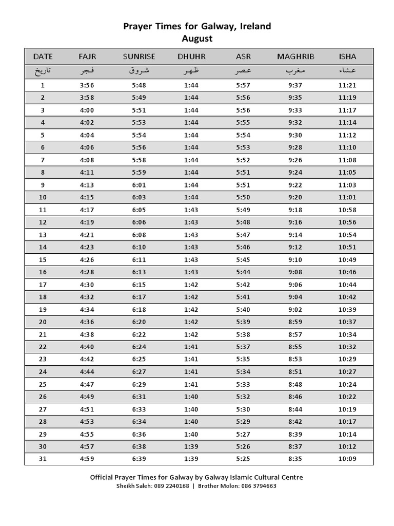 Galway August Prayer Times 2023 | PDF | Abrahamic Religions | Theocracy