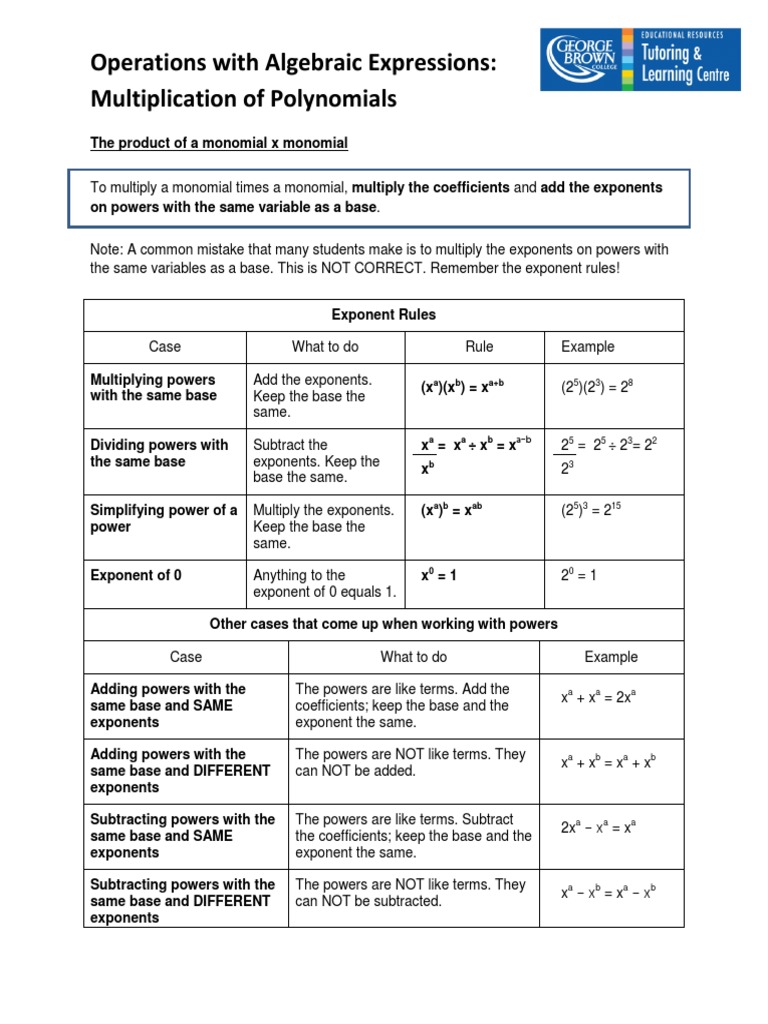 Operations With Algebraic Expressions Multiplication of Polynomials ...