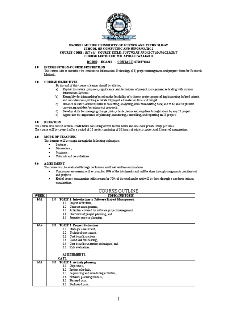 BIT 413 Software Project Management Course Outline | PDF | Project ...