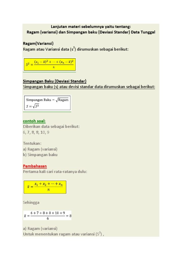 Penyebaran Data Tunggal (Ragam Dan Simpangan Baku) | PDF