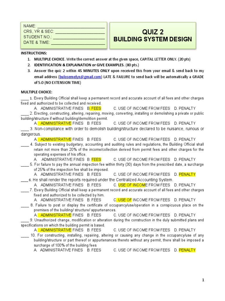 Building Systems Design Quiz Instructions | PDF | Fee | Fire Safety