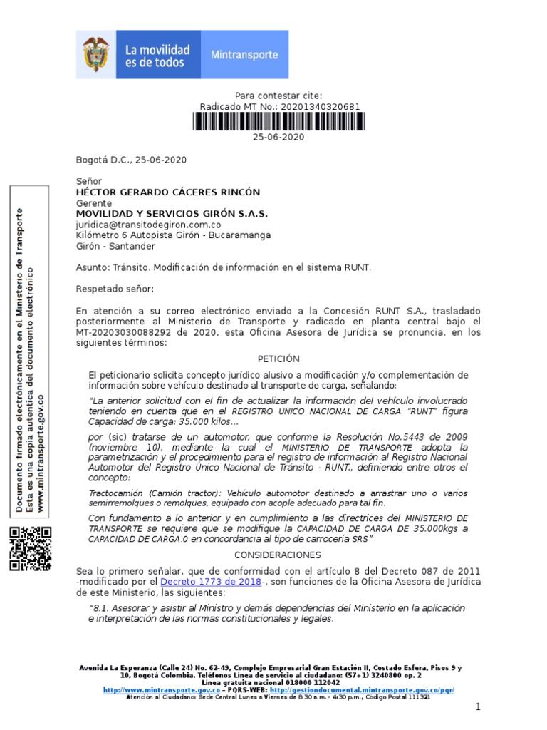 Tránsito. Modificación de Información en El Sistema RUNT. 20201340320681 HÉCTOR GERARDO C ...