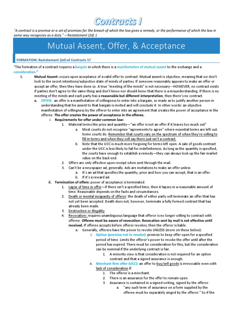 Contracts Outline | PDF | Offer And Acceptance | Consideration