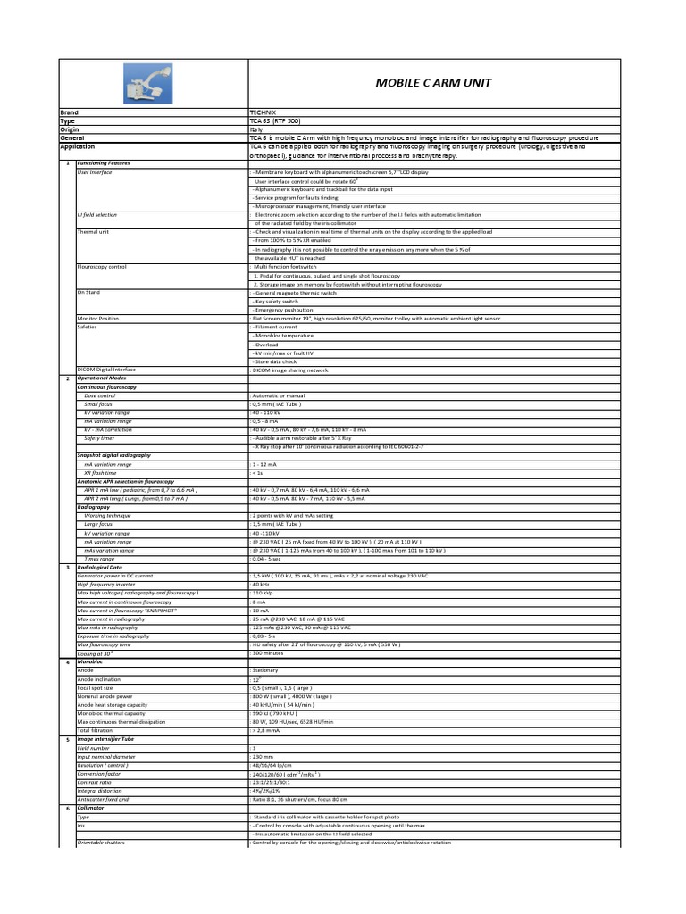 Specification TECHNIX Mobile C Arm TCA 6S With RTP 500 | PDF | Video ...