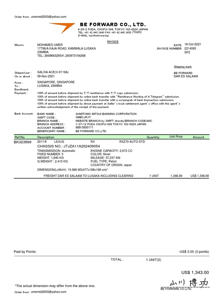Be Forward Co., LTD.: BK323869 CHASSIS NO.: JTJZA11A202409054 | PDF ...
