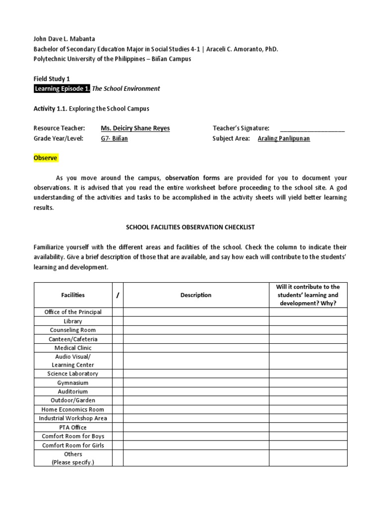 FS1. Learning Ep. 01. The School Environment | PDF | Classroom | Schools