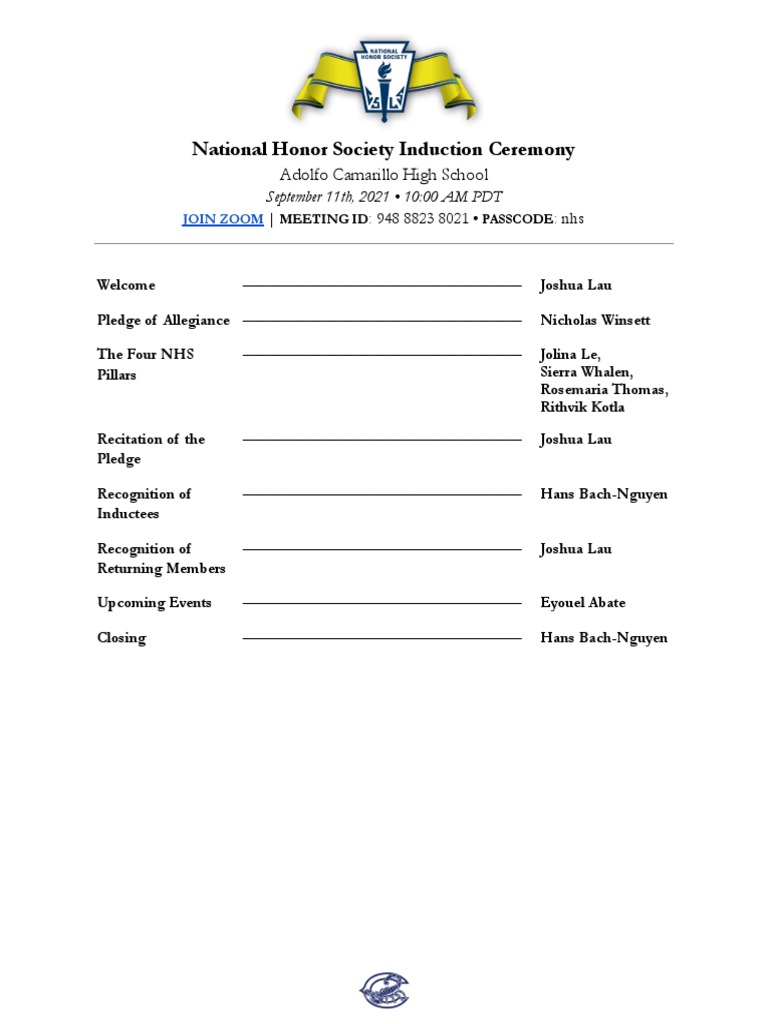 2021 Nhs Induction Ceremony Program | PDF