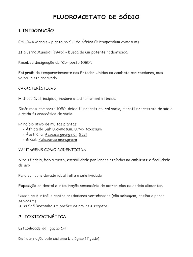 Intoxicação Por Fluoroacetato de Sódio - Composto 1080 | PDF ...