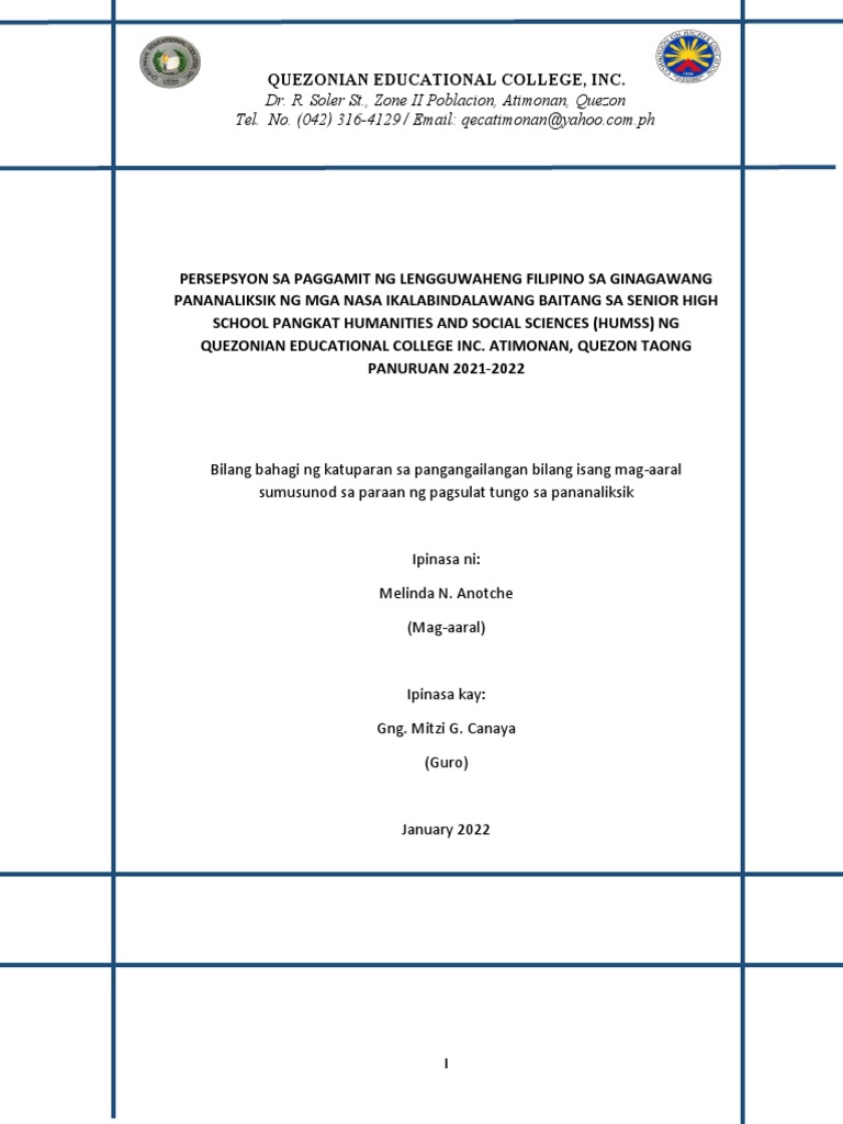 Thesis Output (Kabanata 1-5) Anotche, Melinda N. Bsed Filipino III-c | PDF