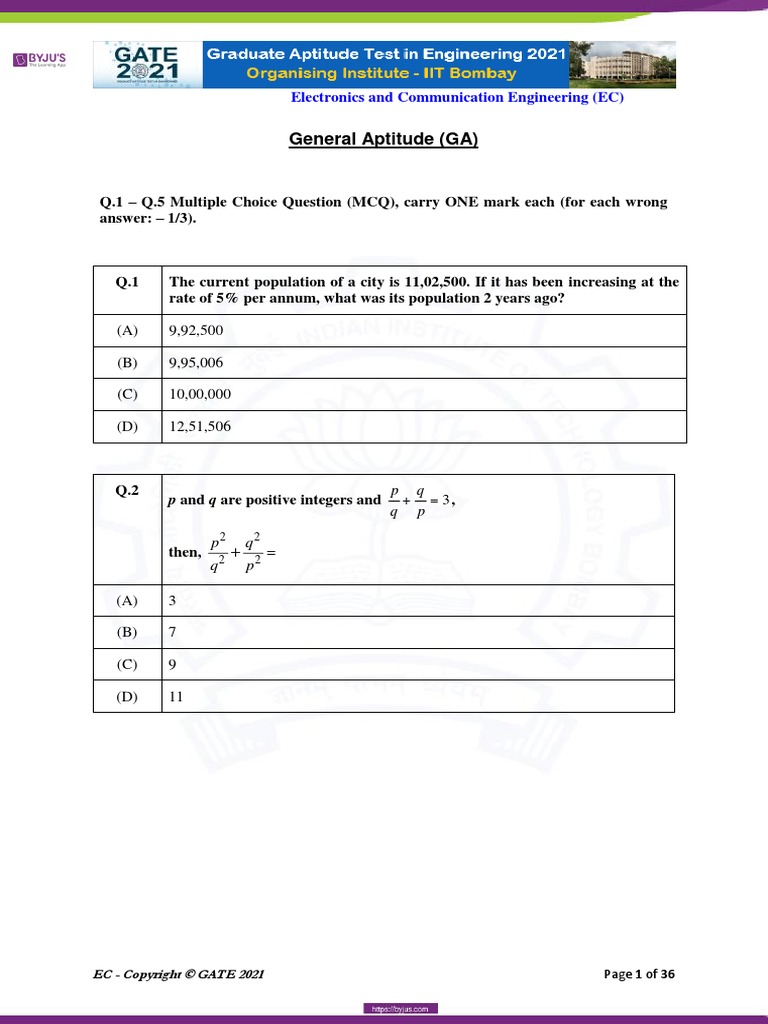Gate Electronics And Communication Previous Year Question Paper 2021