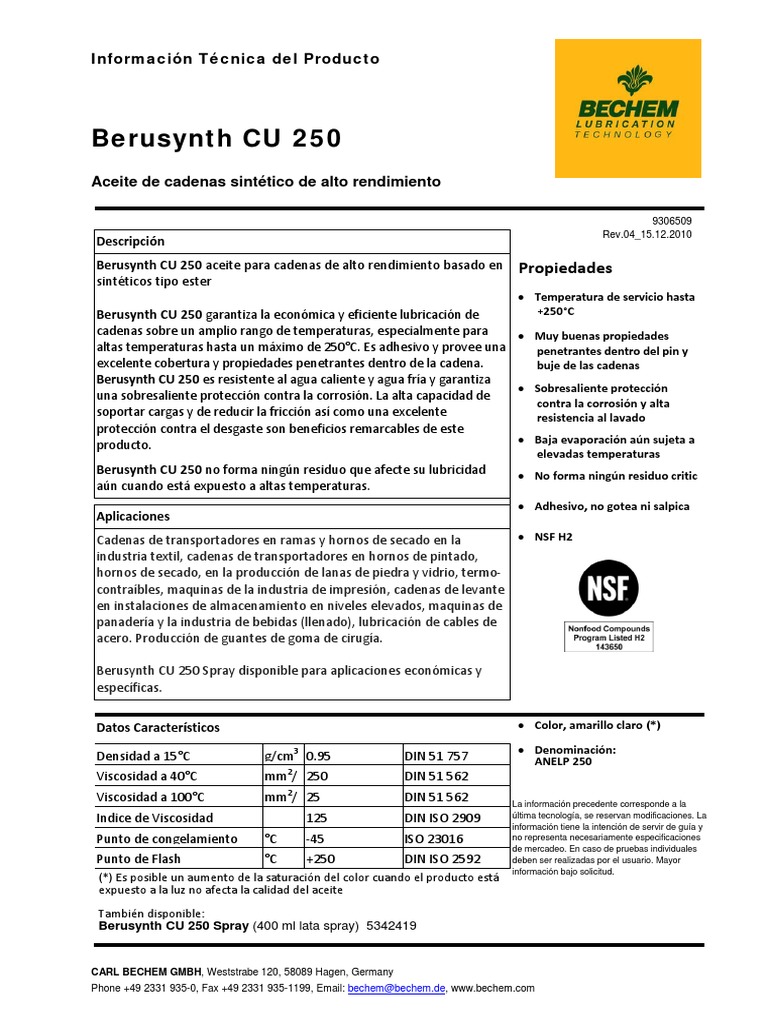 Información técnica sobre Berusynth CU 250, un aceite sintético de cadena de alto rendimiento ...