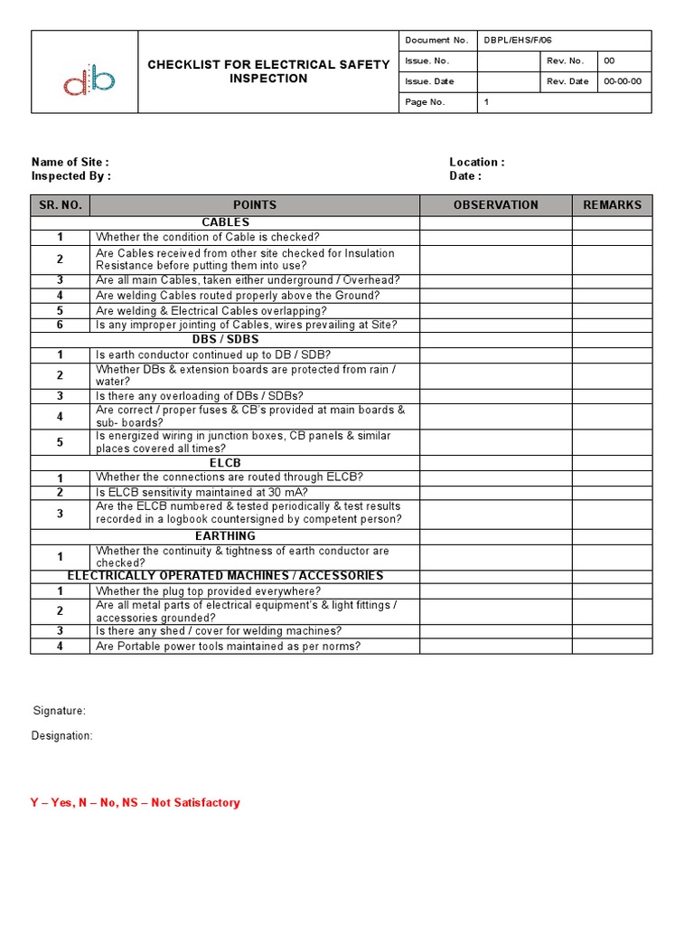 Checklist For Electrical Safety Inspection | PDF | Electrical Wiring ...