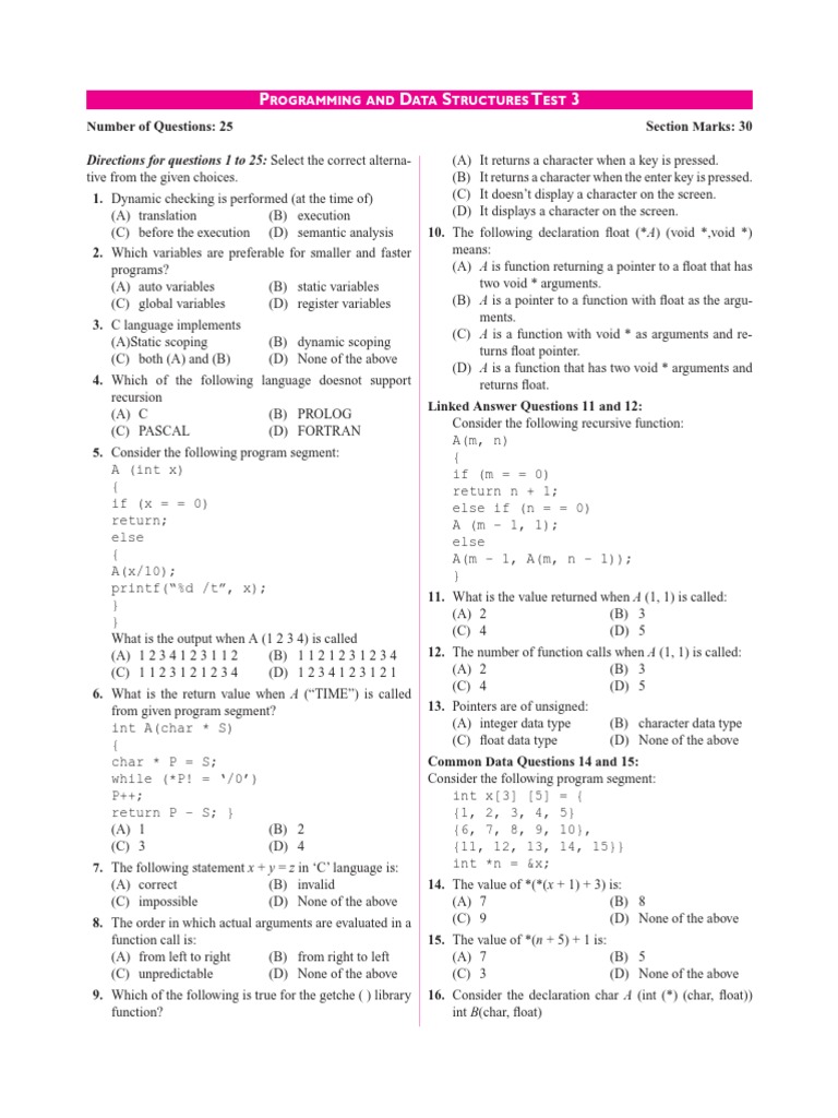 Programming And Data Structures Test 3 Pdf Pointer Computer Programming Subroutine