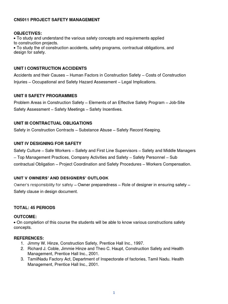 Project Safety Management Lecture Notes - Anna University | PDF