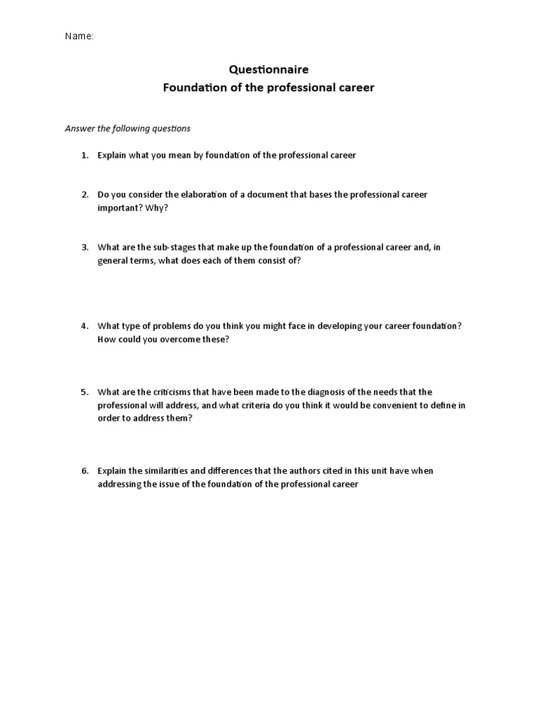 Stage 1 - Foundation of The Professional Career Questionnaire | PDF