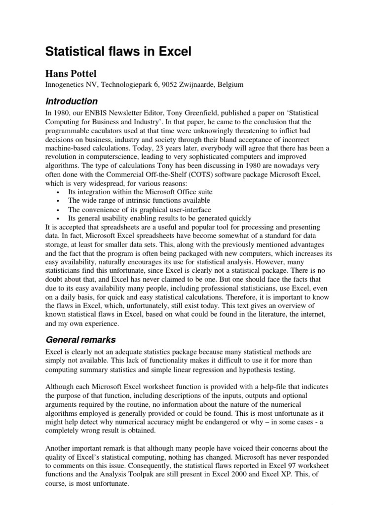 Statistical Flaws in Excel - Hans Pottel | PDF | Student's T Test ...
