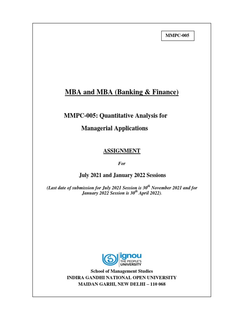 MBA and MBA (Banking & Finance) : MMPC-005: Quantitative Analysis For Managerial Applications | PDF