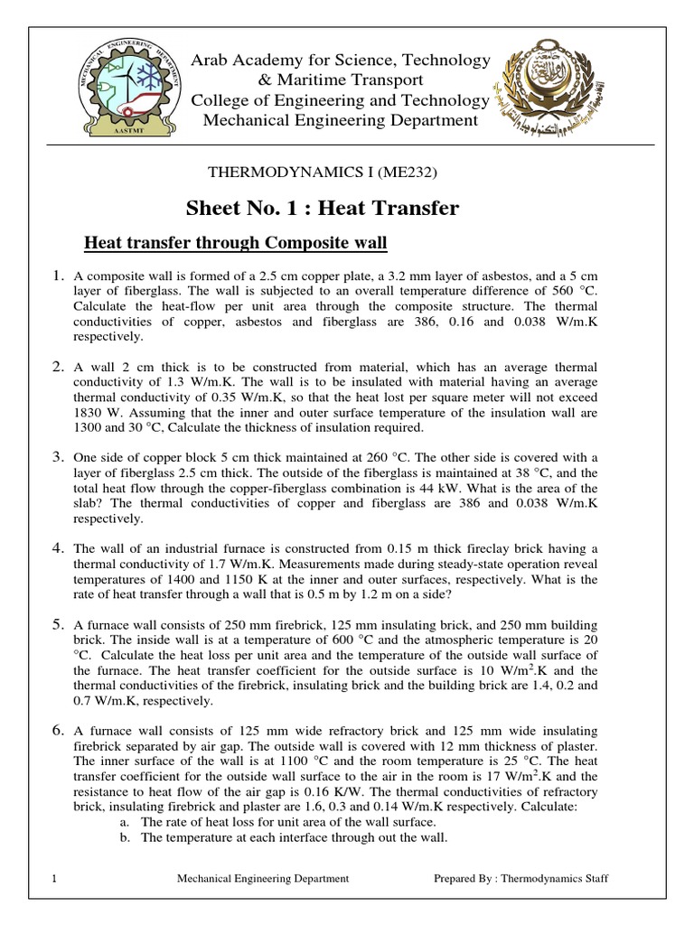 Sheet 1 Heat Transfer | PDF | Heat Transfer | Thermal Insulation