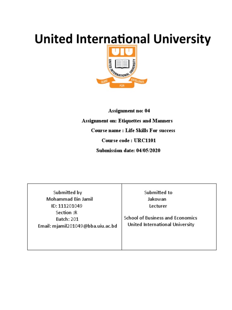 UIU Assignment on Etiquettes and Manners | PDF | Etiquette | Psychology