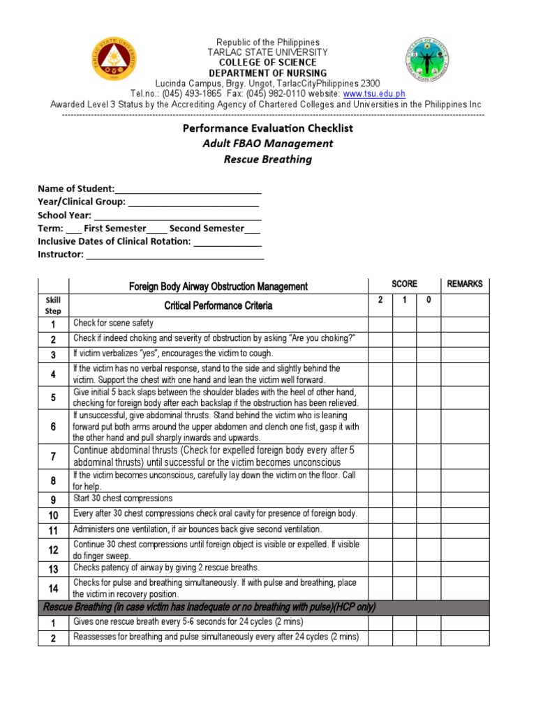 Performance Evaluation Checklist: Adult FBAO Management Rescue ...