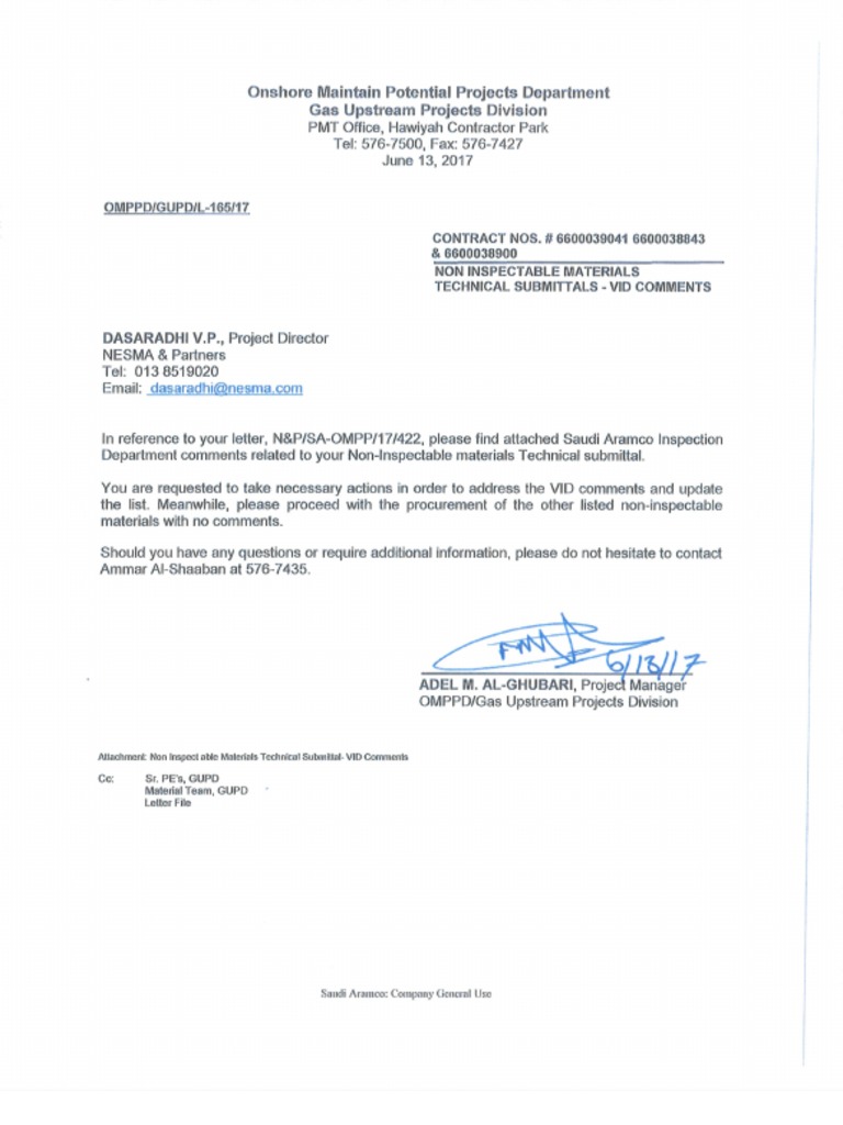 1st List of Non Inspectable Materials Technical Submittals - VID ...