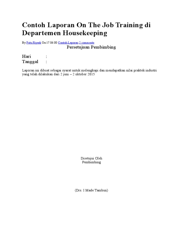 Contoh Laporan On The Job Training Di Departemen Housekeeping | PDF
