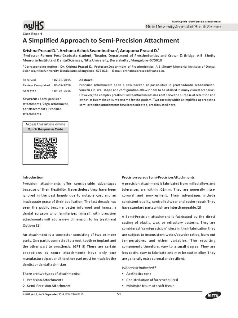 A Simplified Approach To Semi-Precision Attachment | PDF | Dental ...