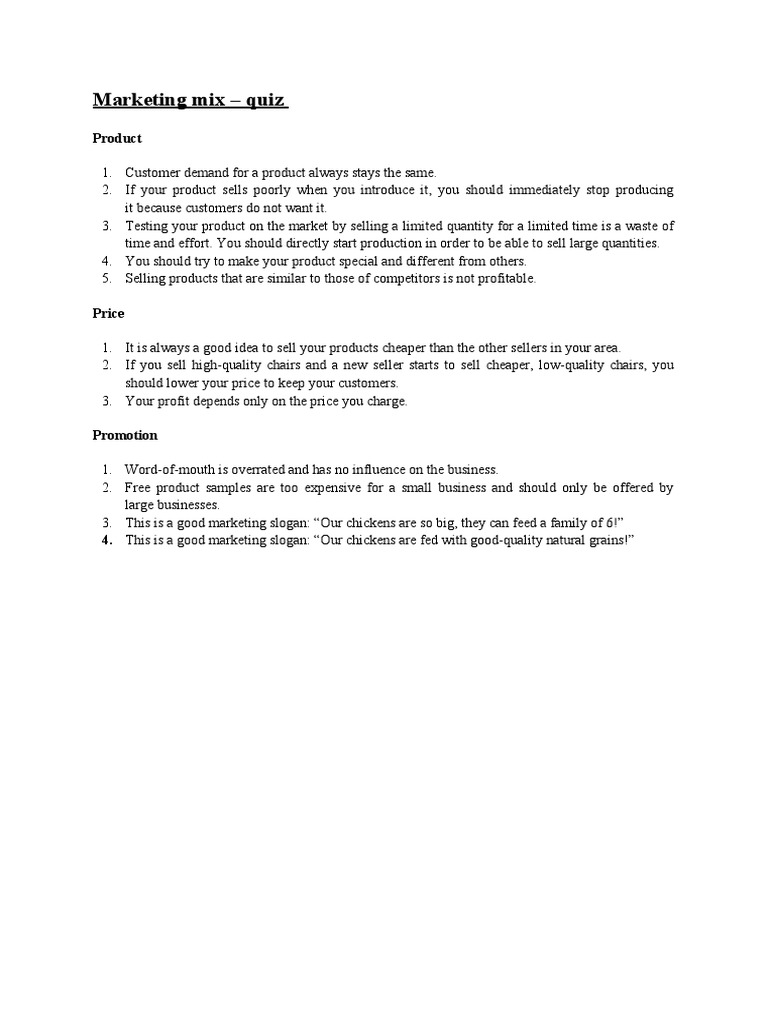 Marketing Mix - Quiz Question | PDF