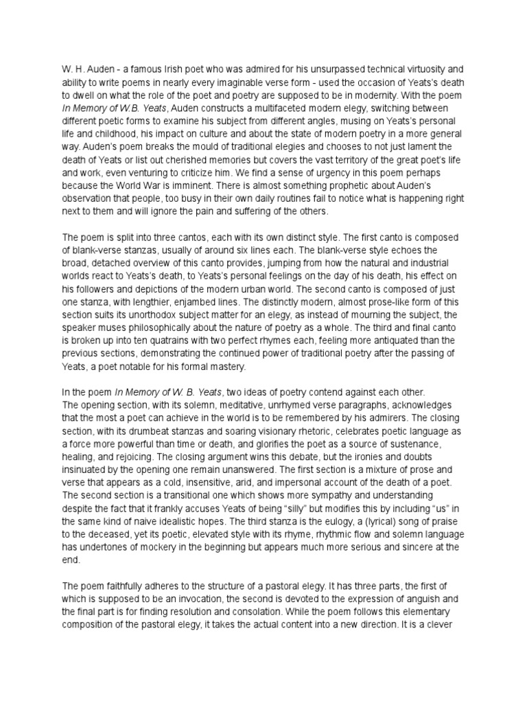 In Memory of WB Yeats As An Elegy | PDF | Poetry | W. B. Yeats