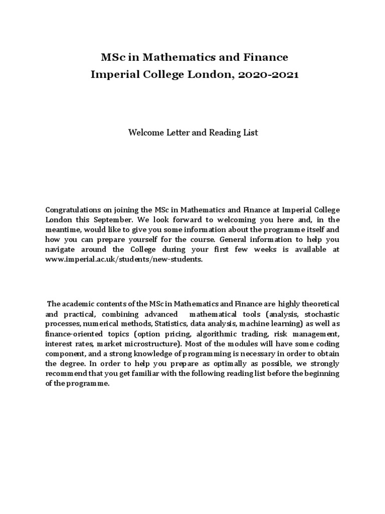 MSC in Mathematics and Finance Imperial College London, 2020-2021 ...