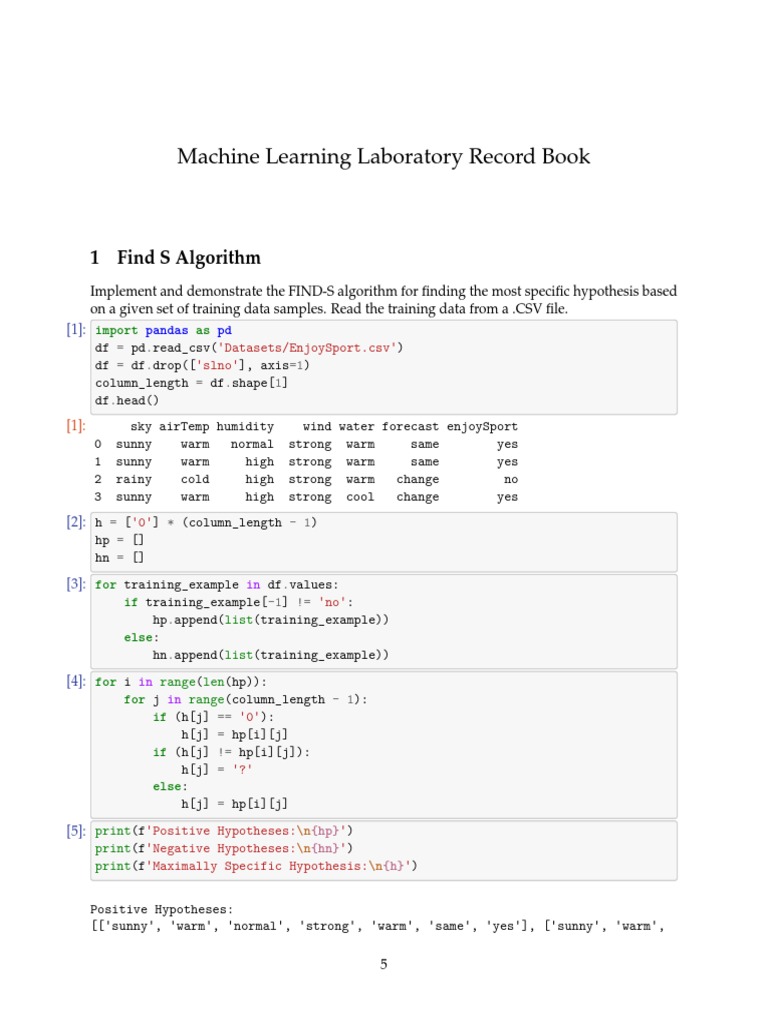 Machine Learning Laboratory Record Book: 1 Find S Algorithm | Descargar gratis PDF | Cluster ...