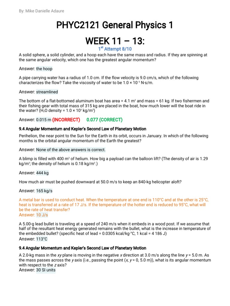 PHYC2121 General Physics 1 WEEK 11-20 WEWO | PDF